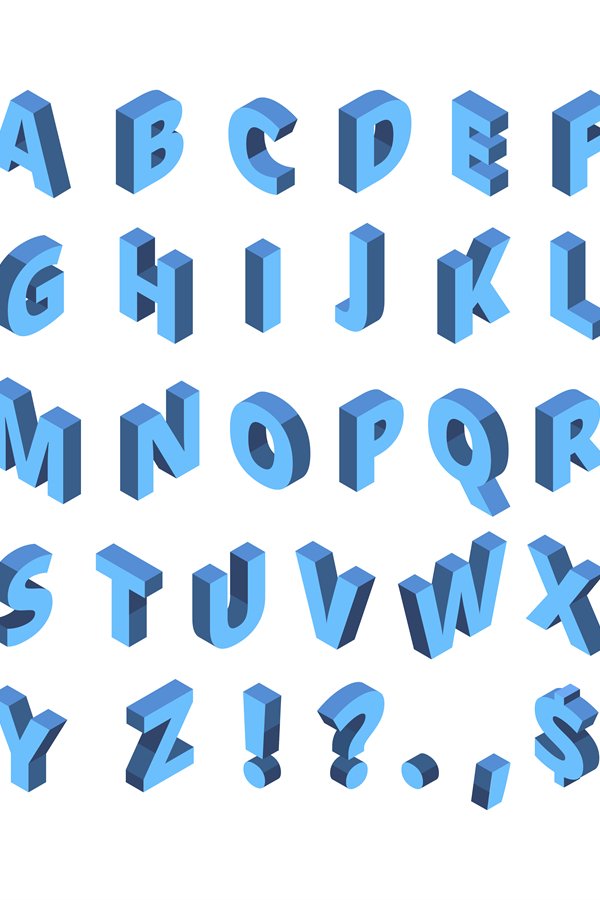 Isometric alphabet. Line colored letters geometrical halfton