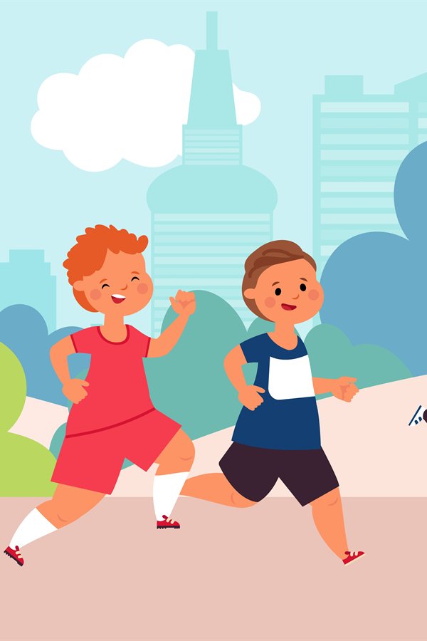 Children marathon. Kids run, speed race boy. Outdoor running