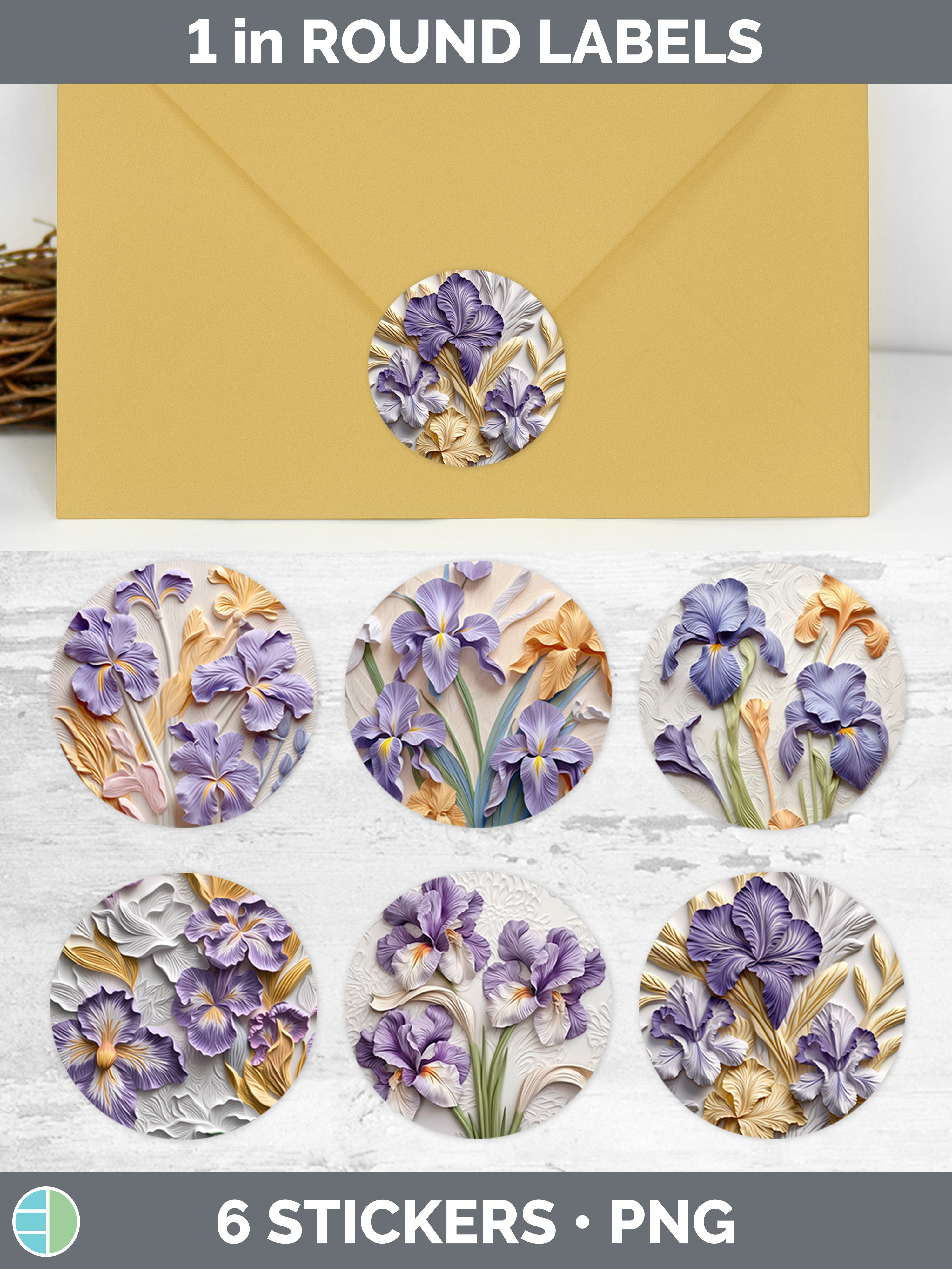 3D Iris Flowers Stickers | Round Labels Designs Bundle