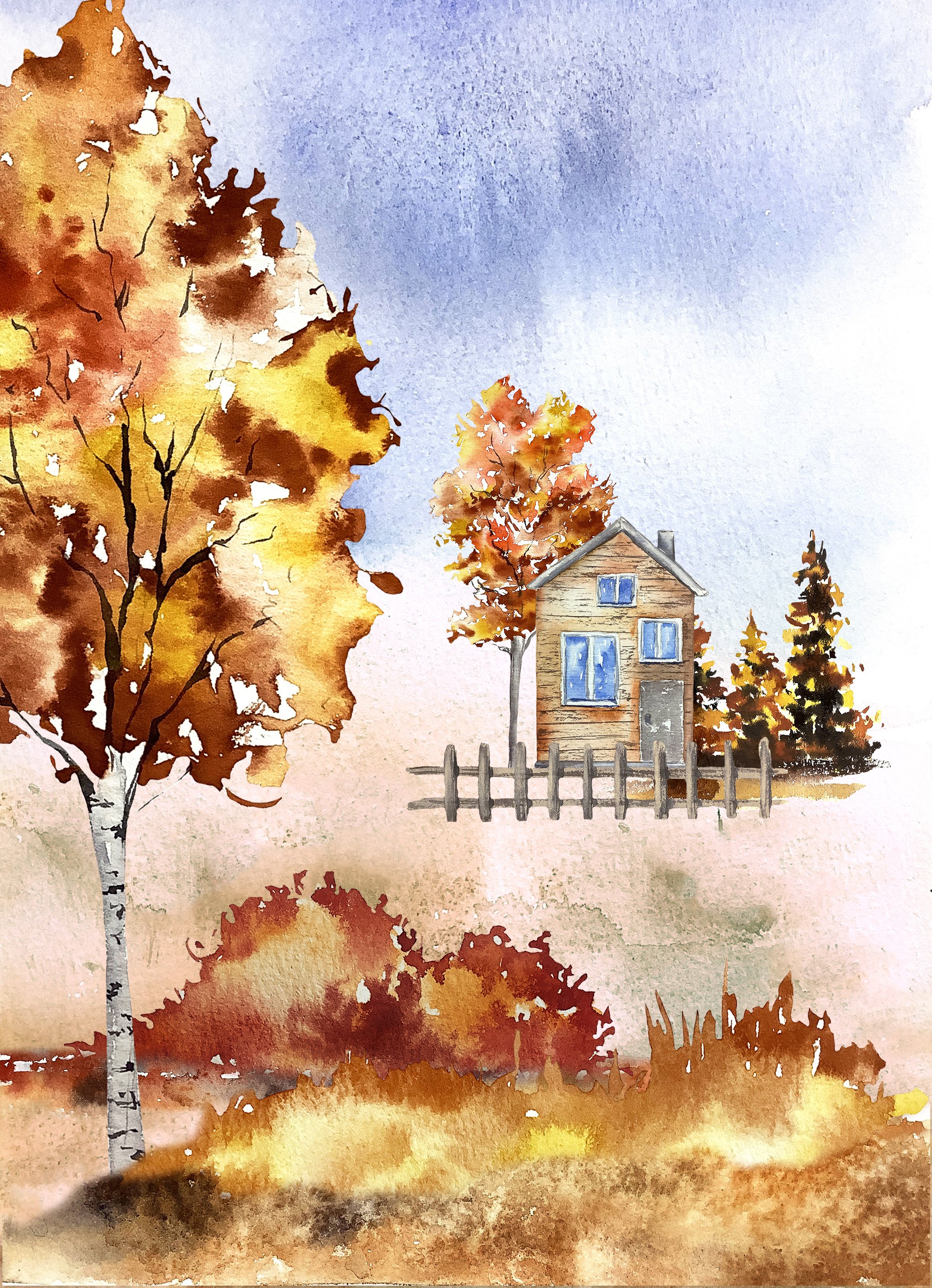 Fall Landscapes Nature Animal Watercolor mountains