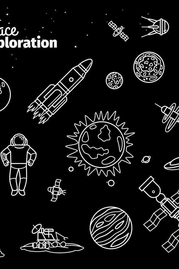 Cosmic doodle elements. Space exploration white line doodle