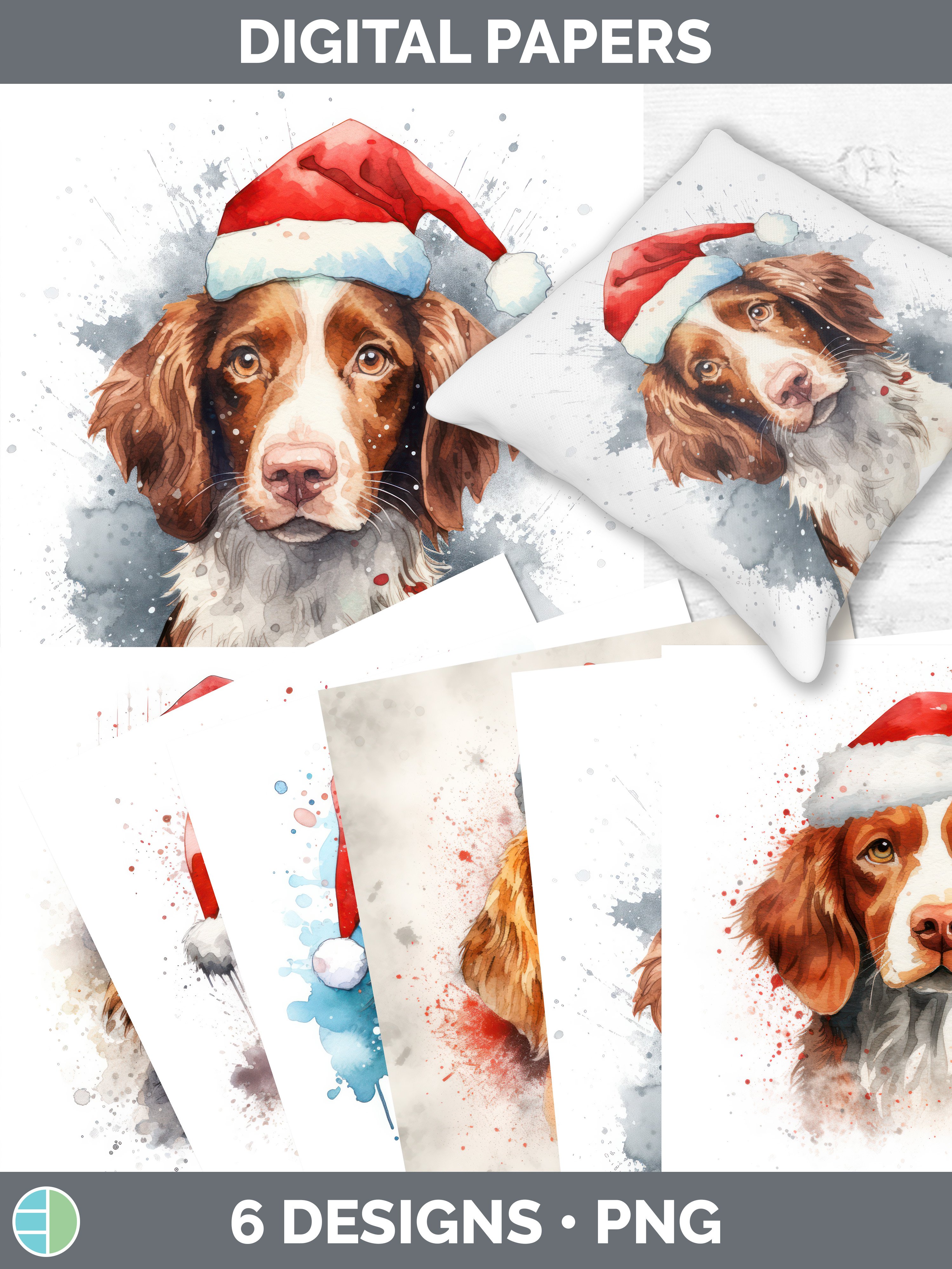 Christmas Santa Hat Brittany Dog Paper Backgrounds | Digital