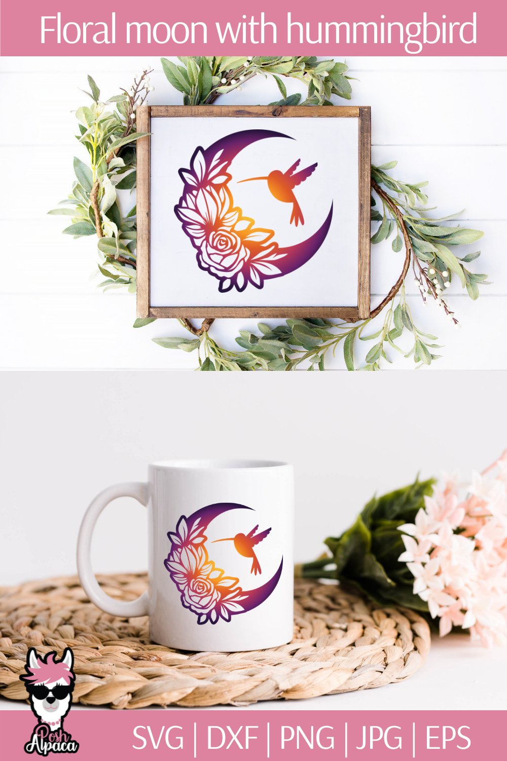 Floral moon with hummingbird design
