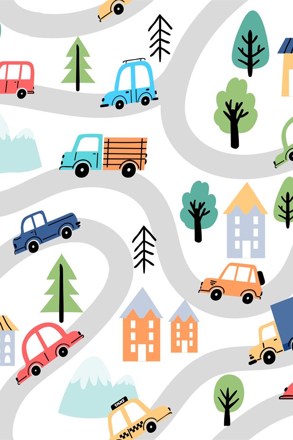 Cartoon roads and cars, city map kid seamless pattern. Wallp