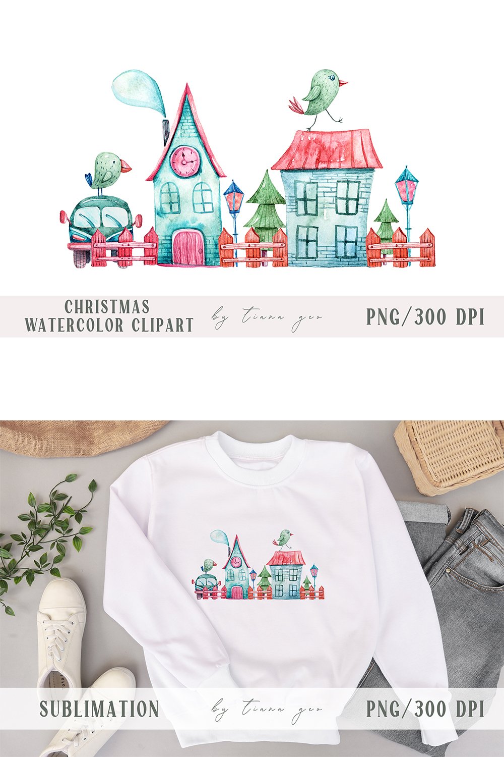 Watercolor Christmas houses sublimation / cute bear clipart