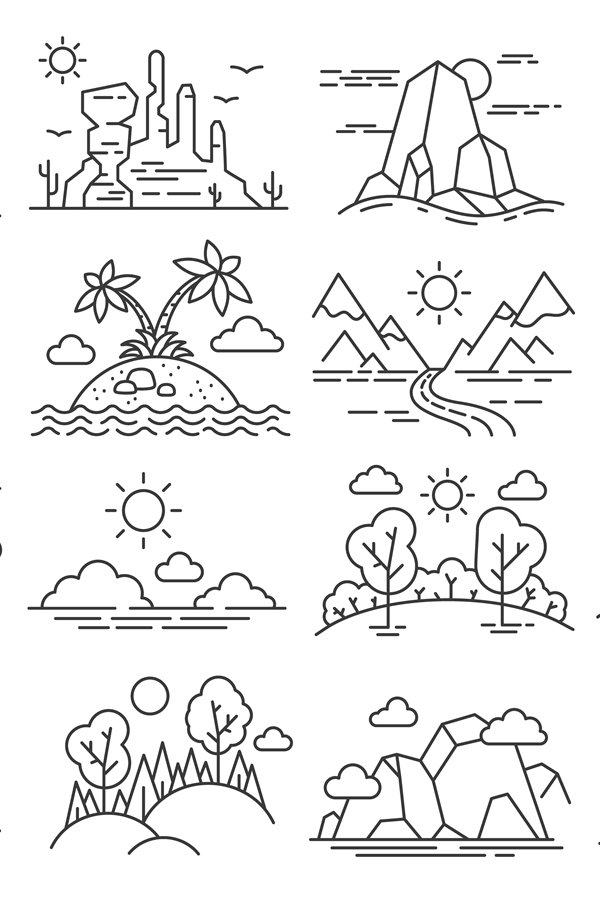 Line nature landscape. Forest trees, mountain, tropical sea