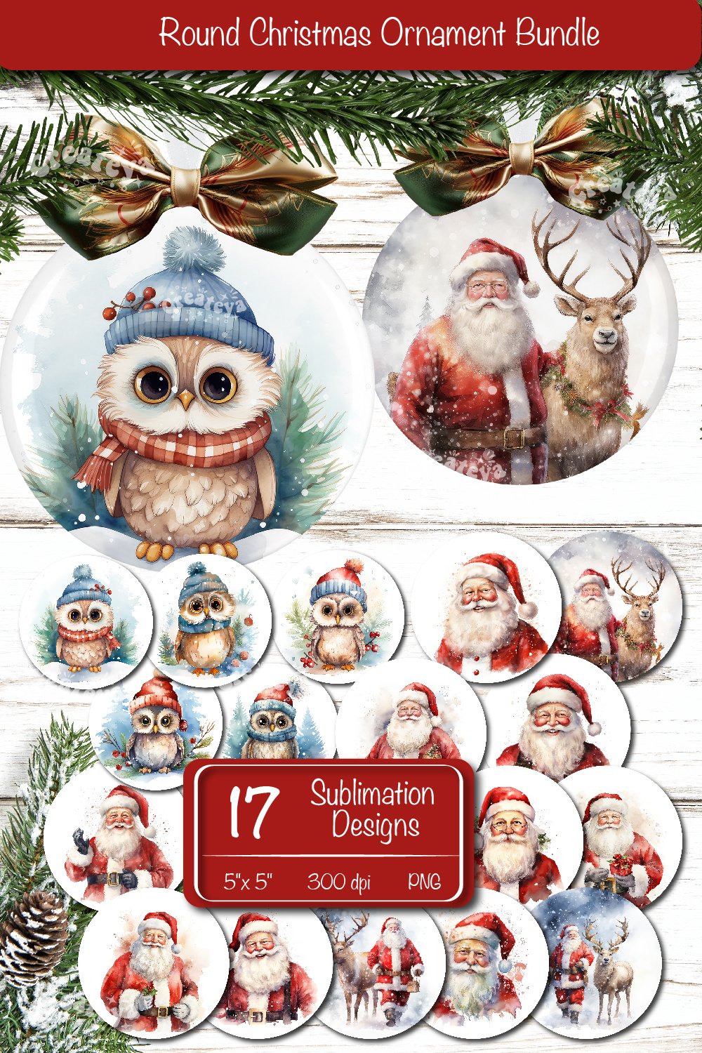 Christmas ornament Sublimation Bundle Watercolor Santa Owl