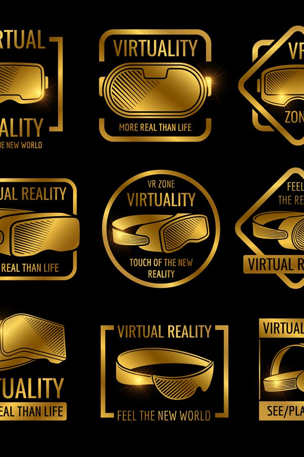 Golden virtual reality glasses and helmets label design