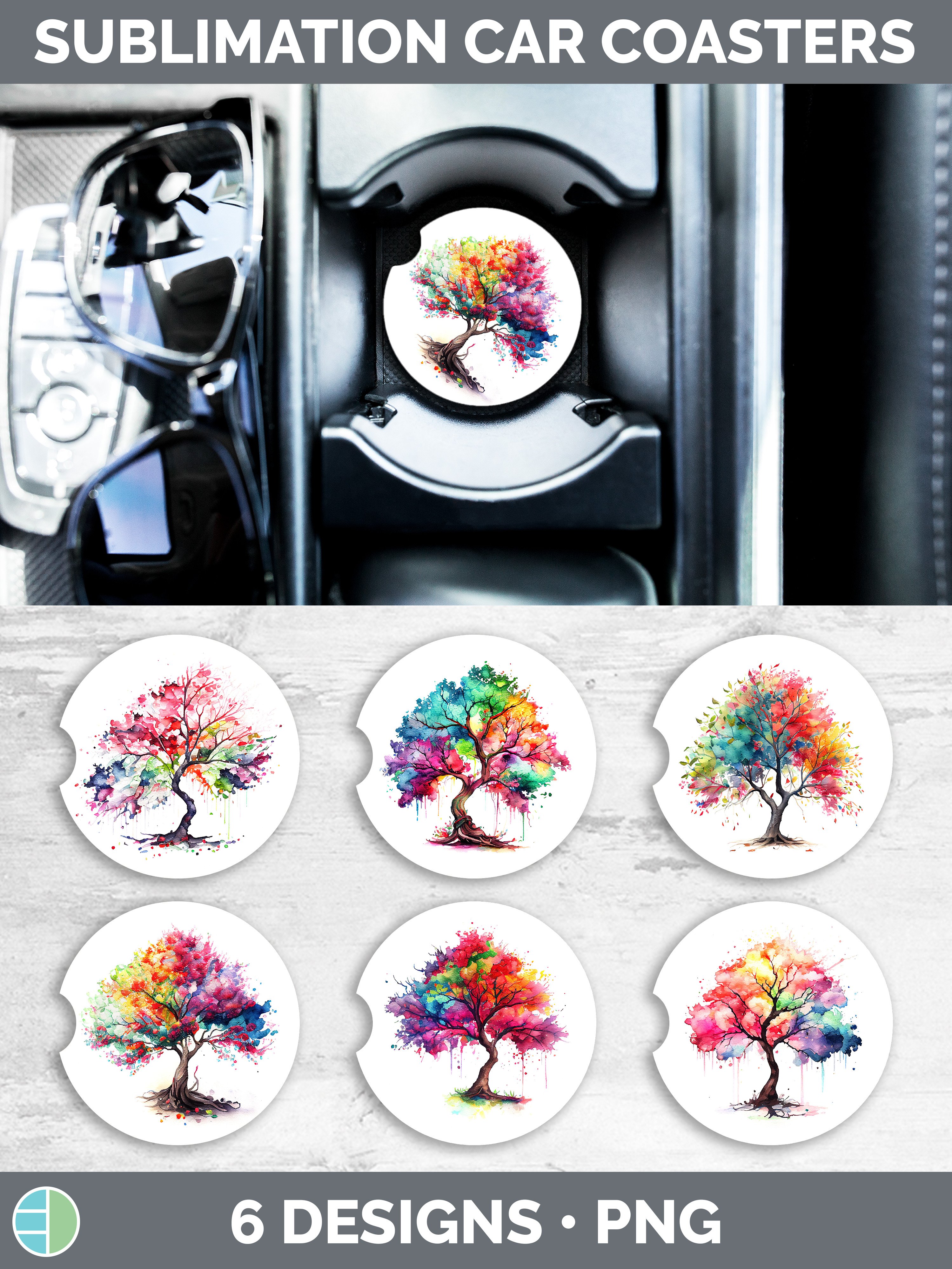 Rainbow Cherry Trees Car Coaster | Sublimation Coaster Desig