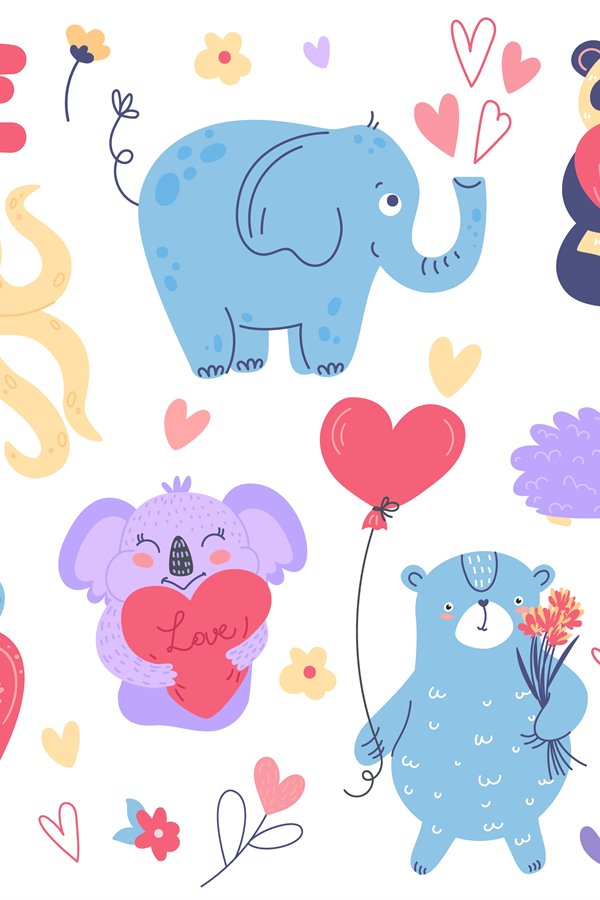Valentines day animals. Cute kids animals with hearts, funny