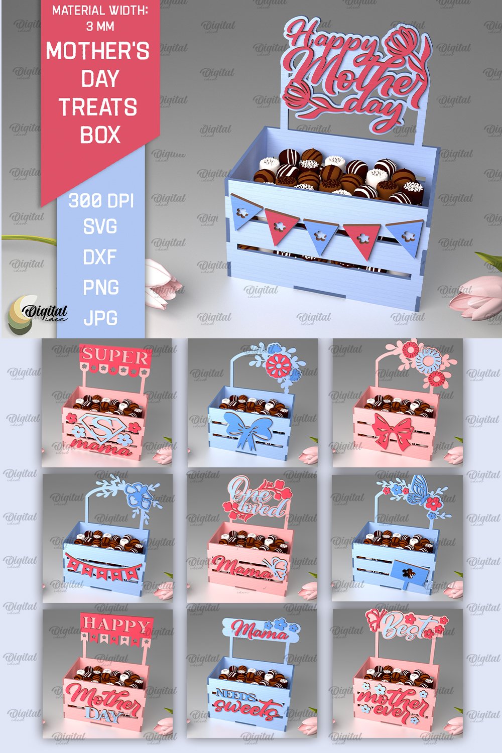 Mother's Day Treats Boxes SVG Bundle. 3D Gift Boxes LaserCut