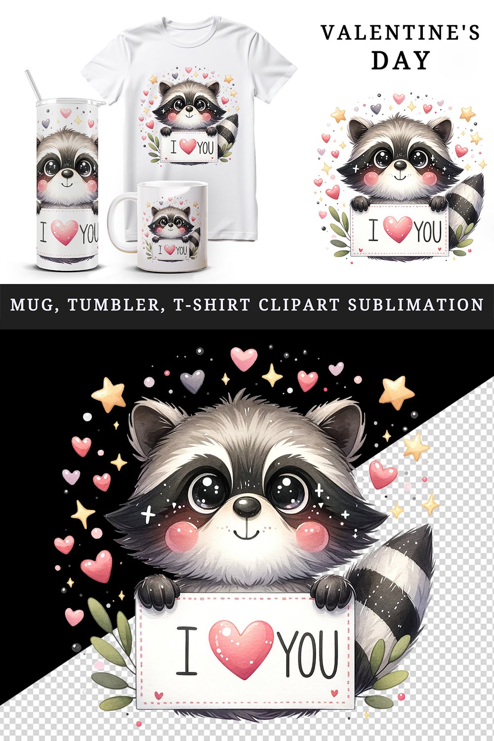 I love you cute raccoon tumbler mug wrap clipart sublimation