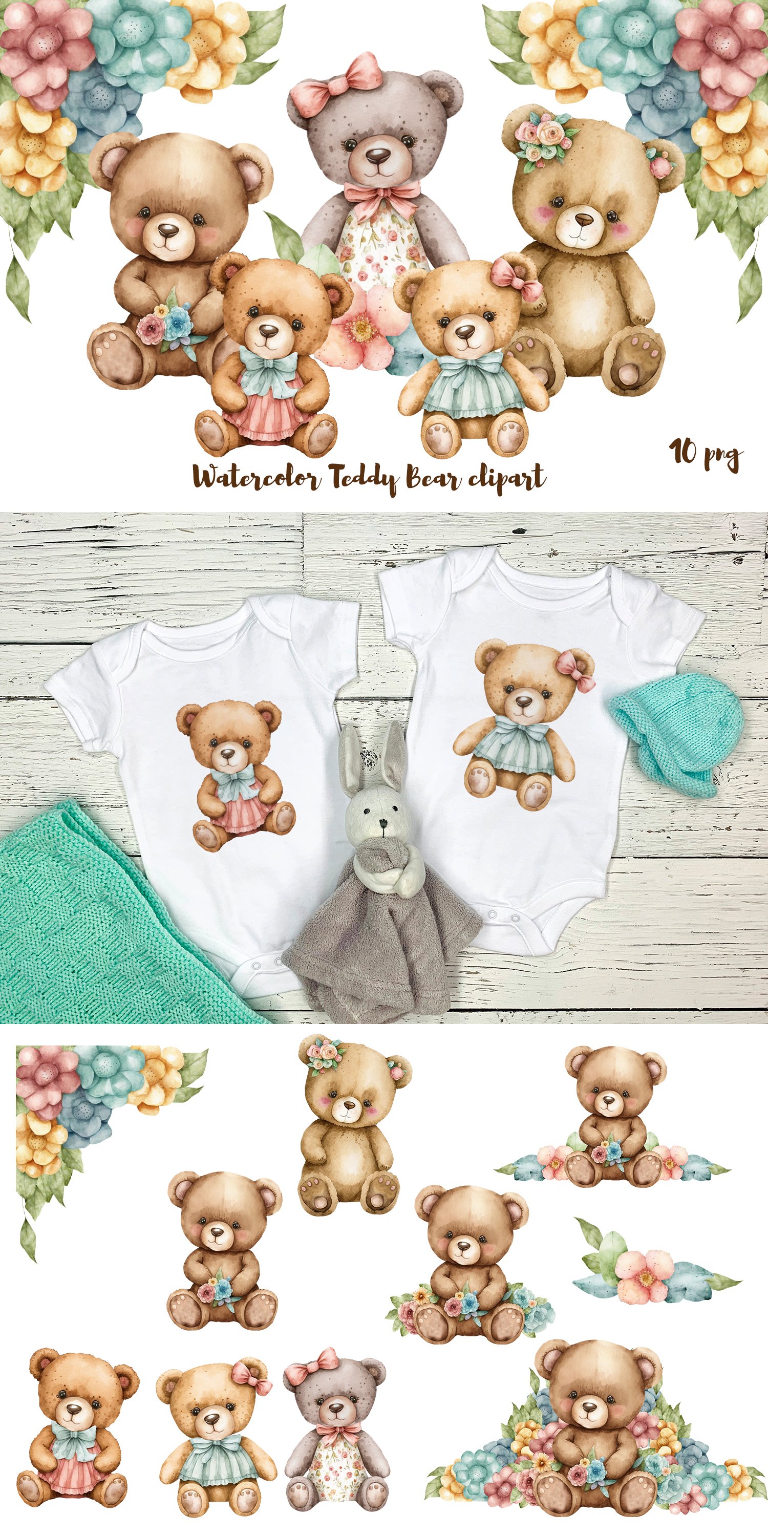 Cute Bear teddy and Bee Watercolor Clipart