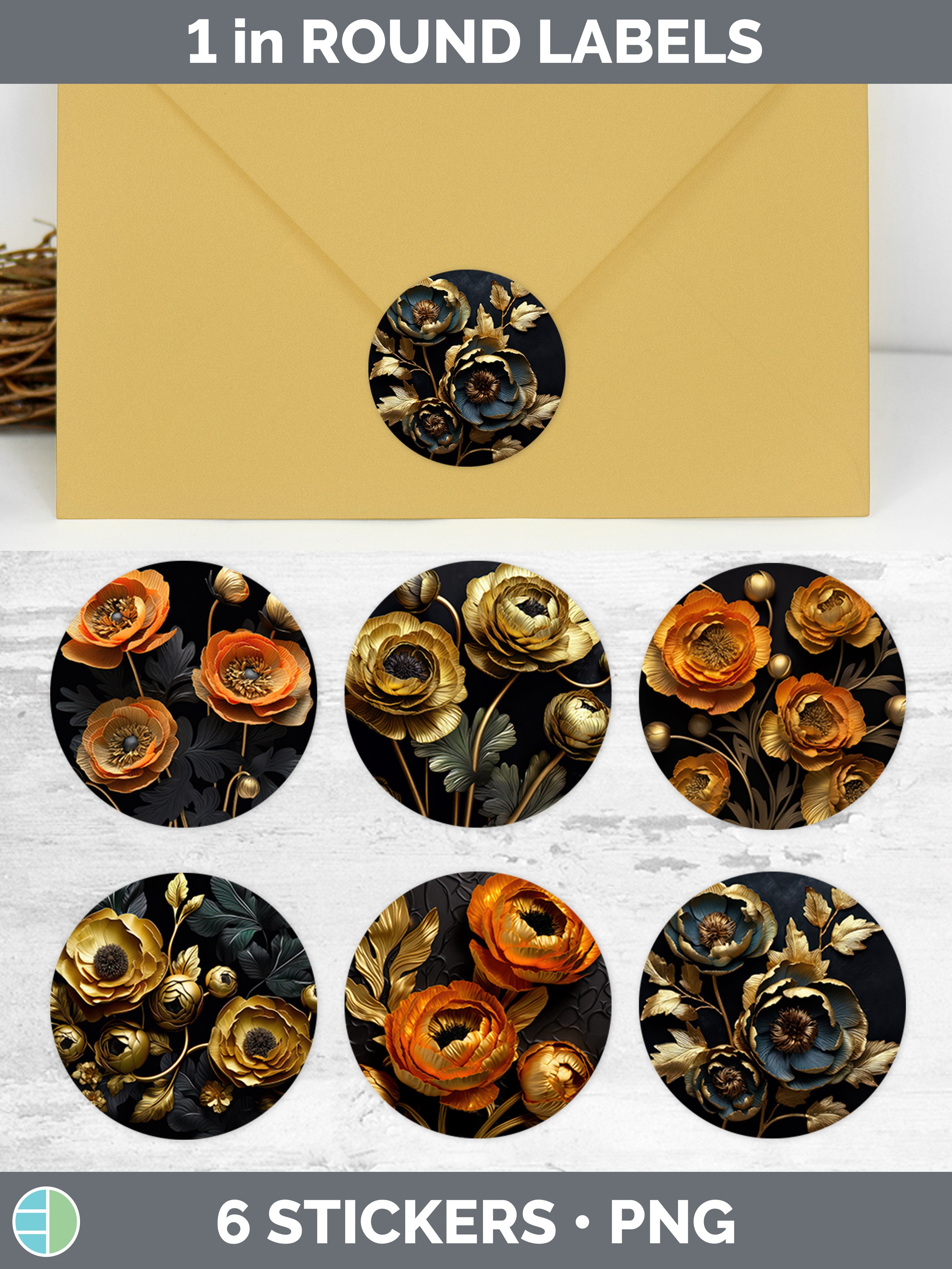 3D Elegant Ranunculus Flowers Stickers | Round Labels Design