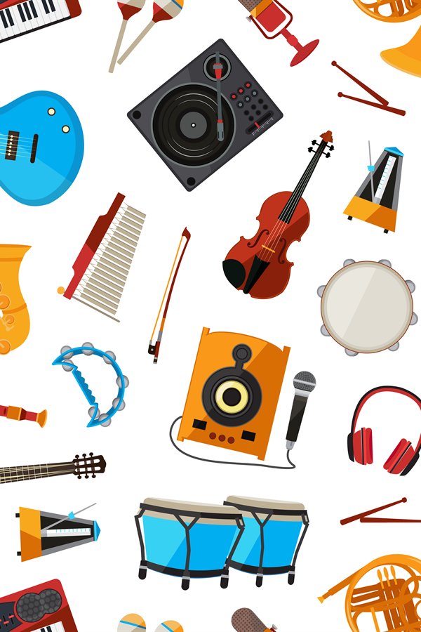 Vector cartoon musical instruments pattern or background ill