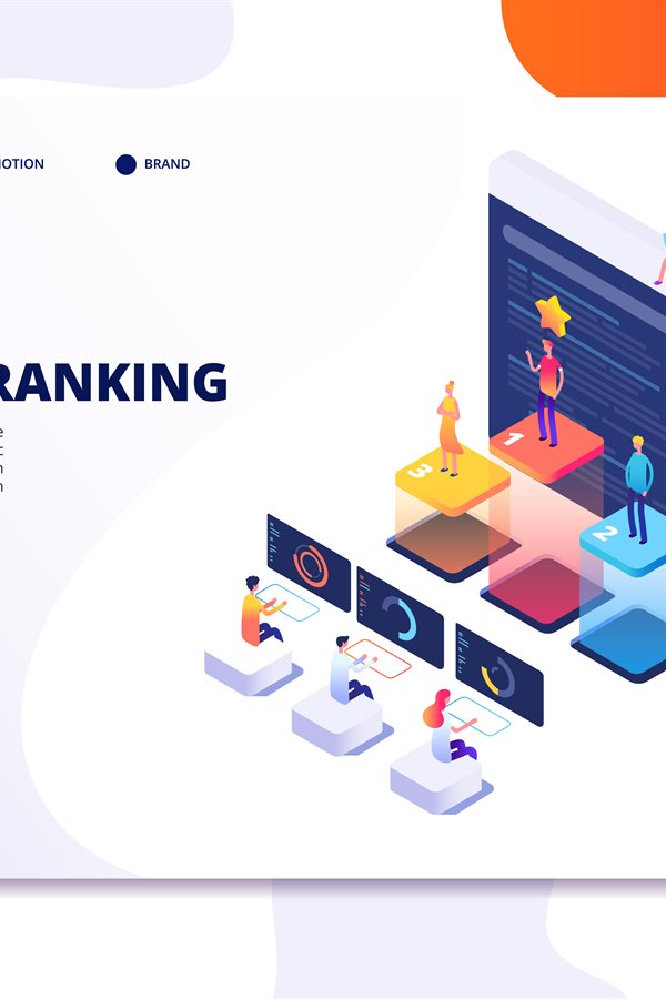 Search engine rank isometric landing page. Seo marketing and