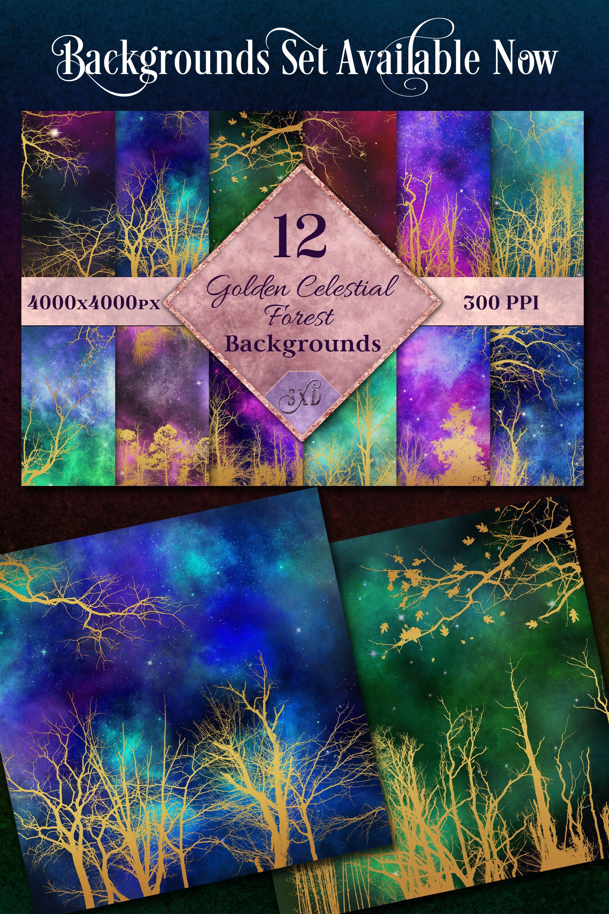 Golden Celestial Forest Backgrounds - 12 Image Textures