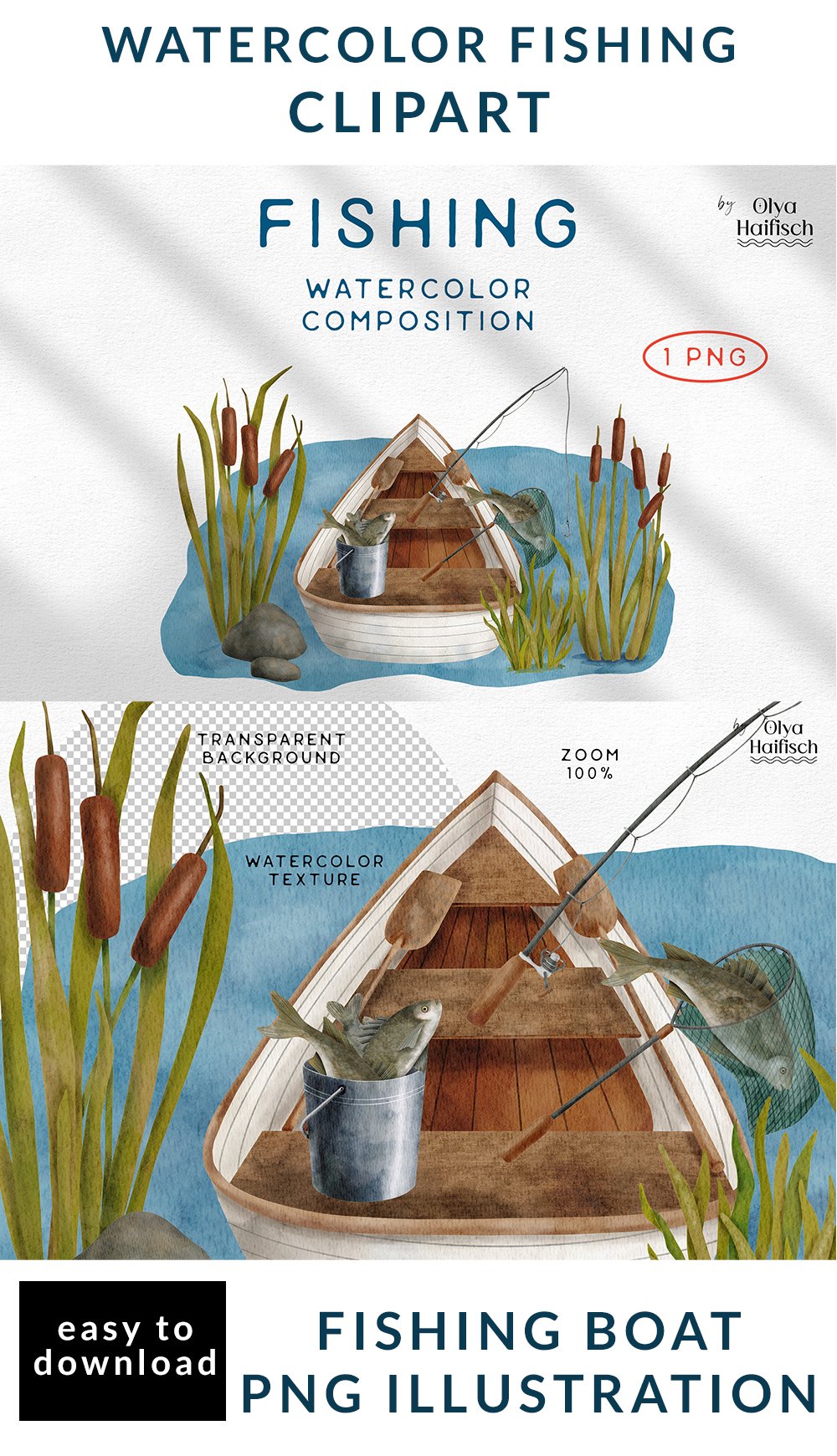 Fishing Watercolor Clipart. Boat on Lake PNG