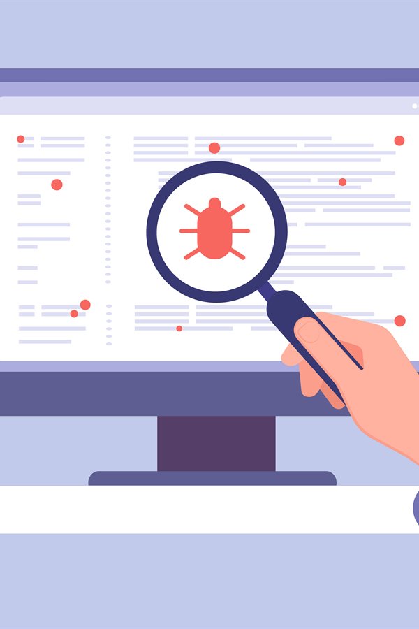 Computer virus concept. Hand with magnifying glass testing s