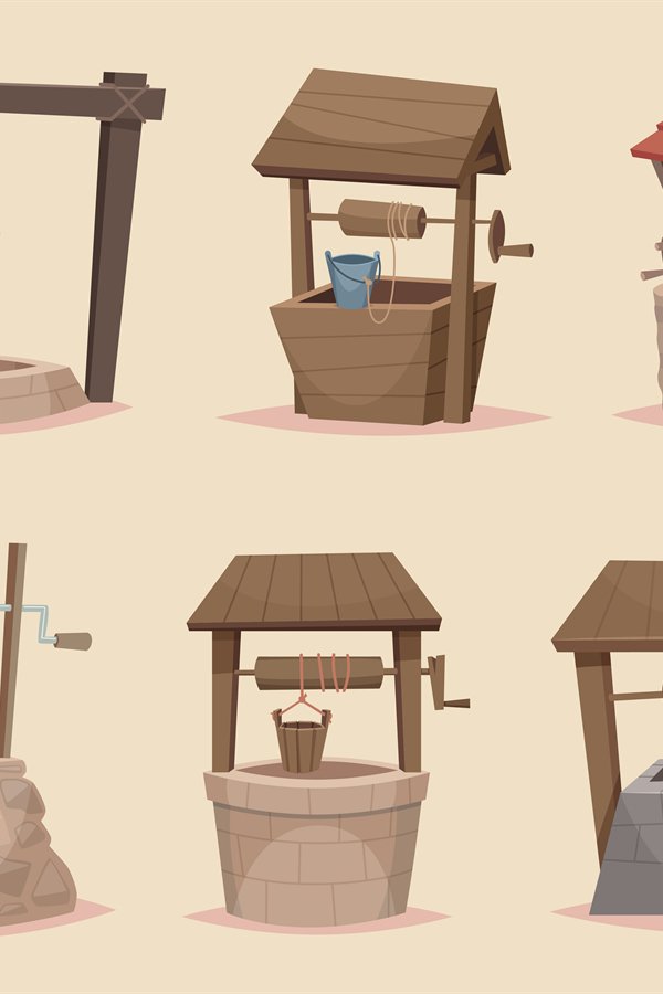 Well cartoon. Different wellness from wooden and stone mater