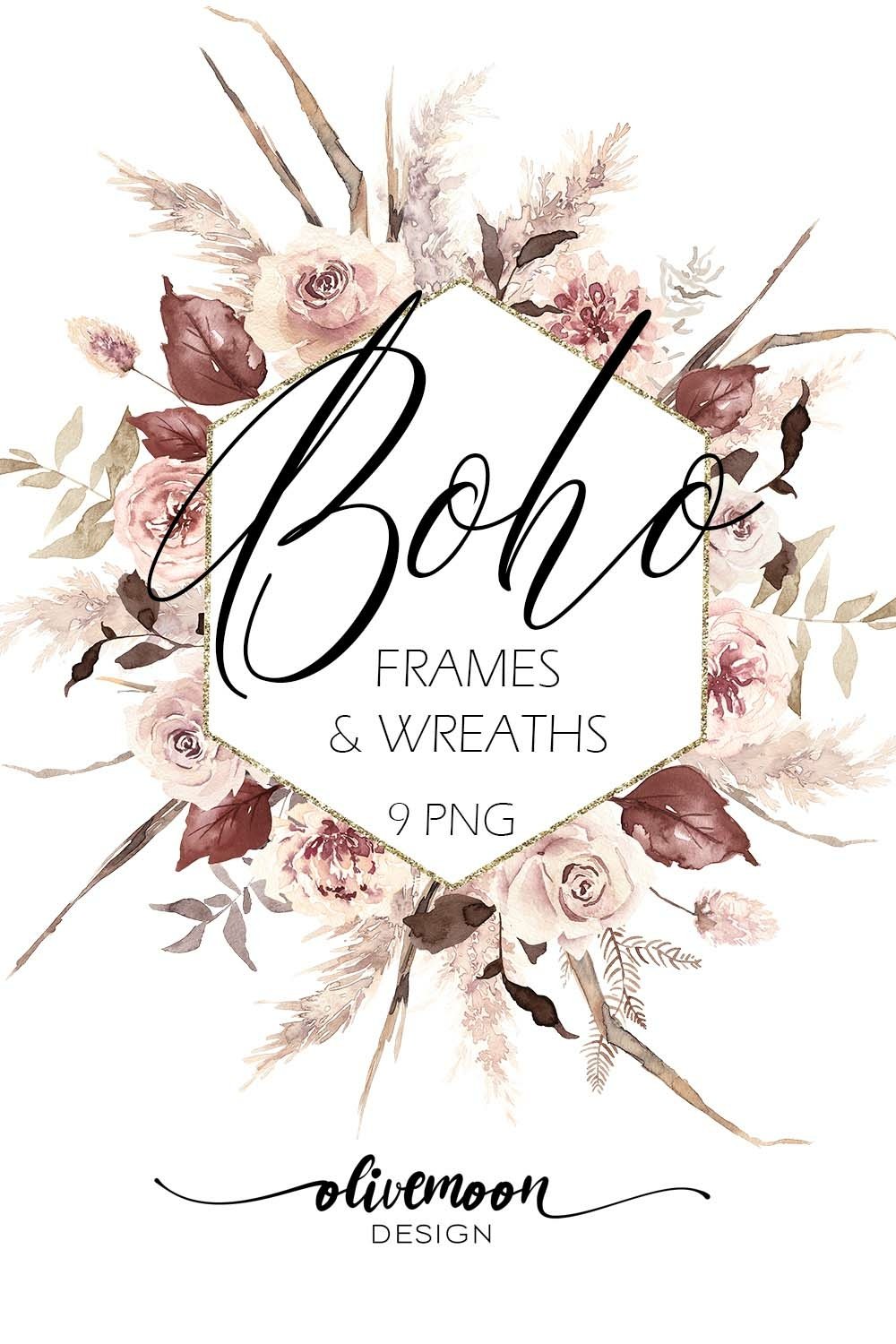 Boho Watercolor Floral Frames Wreaths Flowers Gold Bohemian