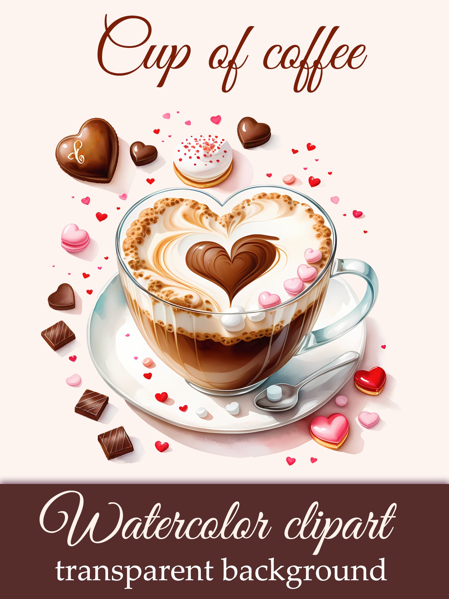 Watercolor coffee cup with hearts and chocolate, clipart Png