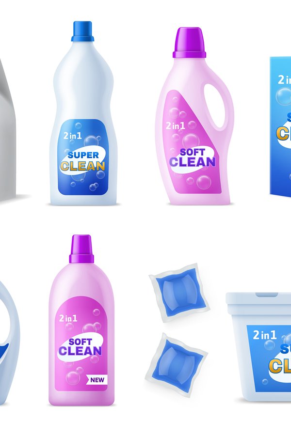 Detergent pack with labels. Realistic household or laundry c