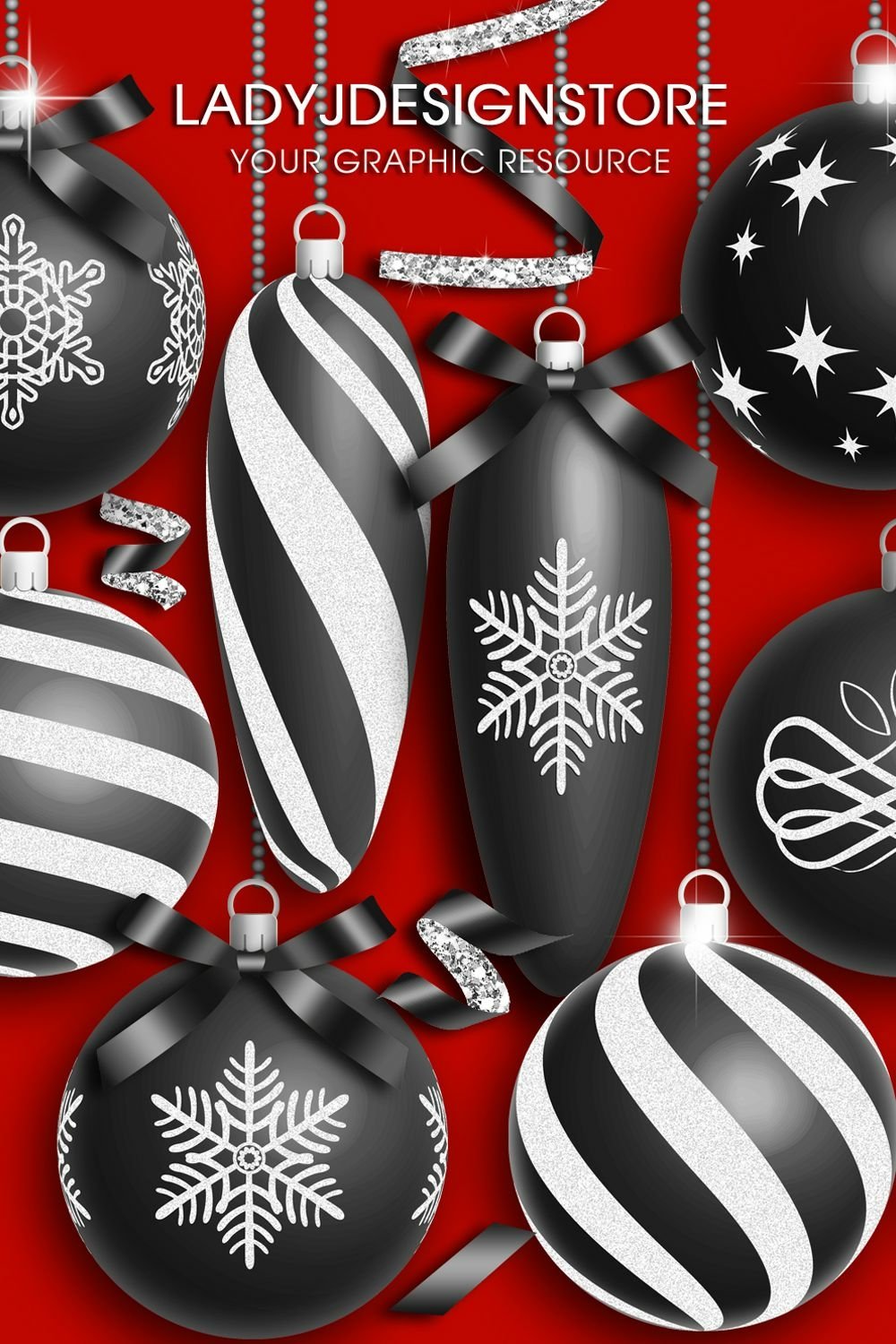 Black and White Christmas Ornaments Clipart, Christmas Balls
