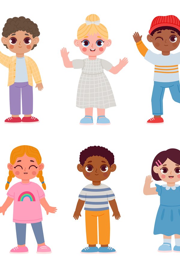 Cartoon happy multicultural children waving hello and smilin