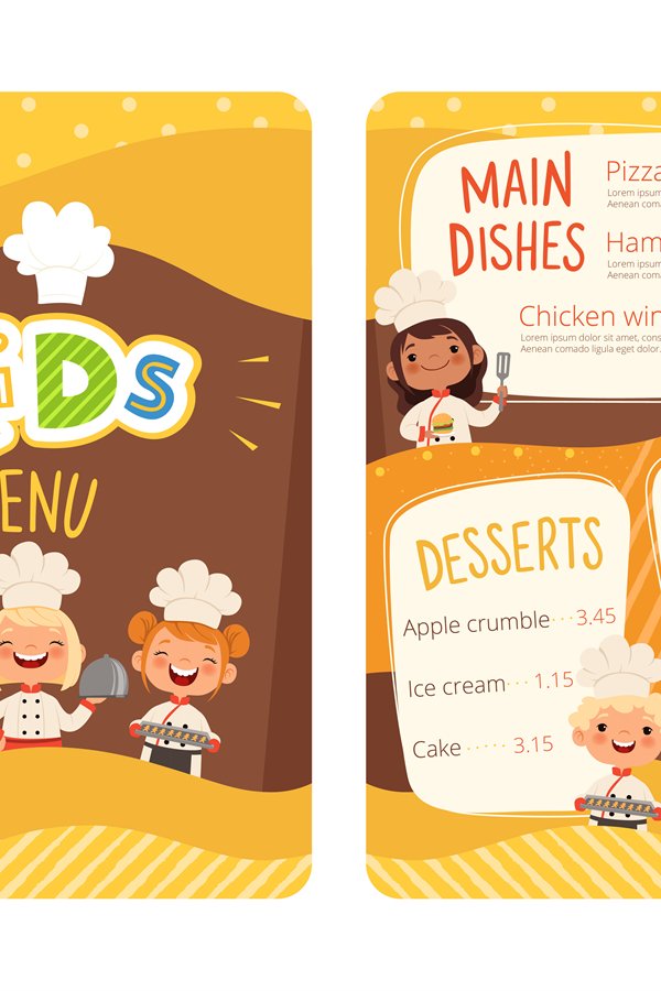Kids menu. Childrens cooking food little chef restaurant eat