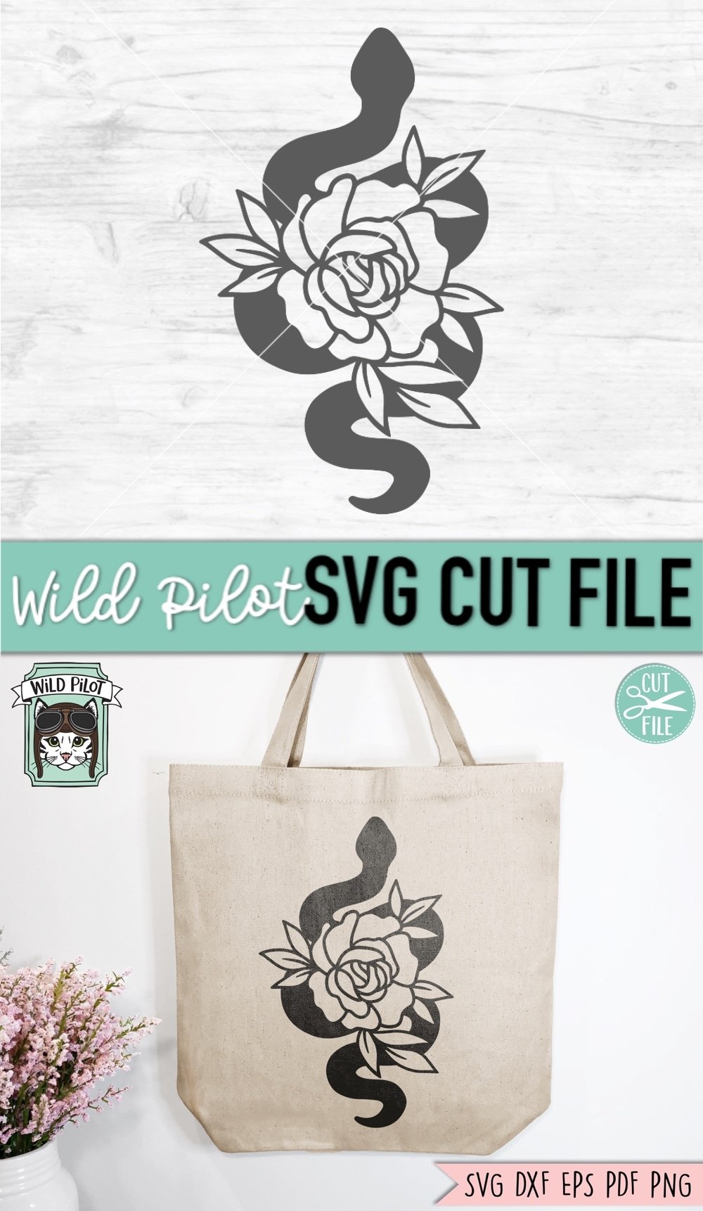 Floral Snake SVG, Flower Snake SVG, Reptile SVG, Tattoo SVG