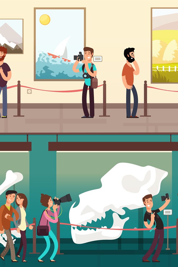 Cartoon museum gallery exhibition with painting, science exh