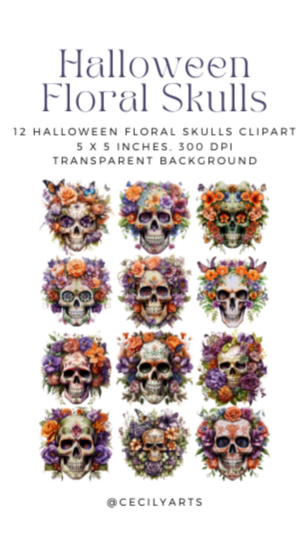 12 Watercolor Halloween Floral Skulls Clipart
