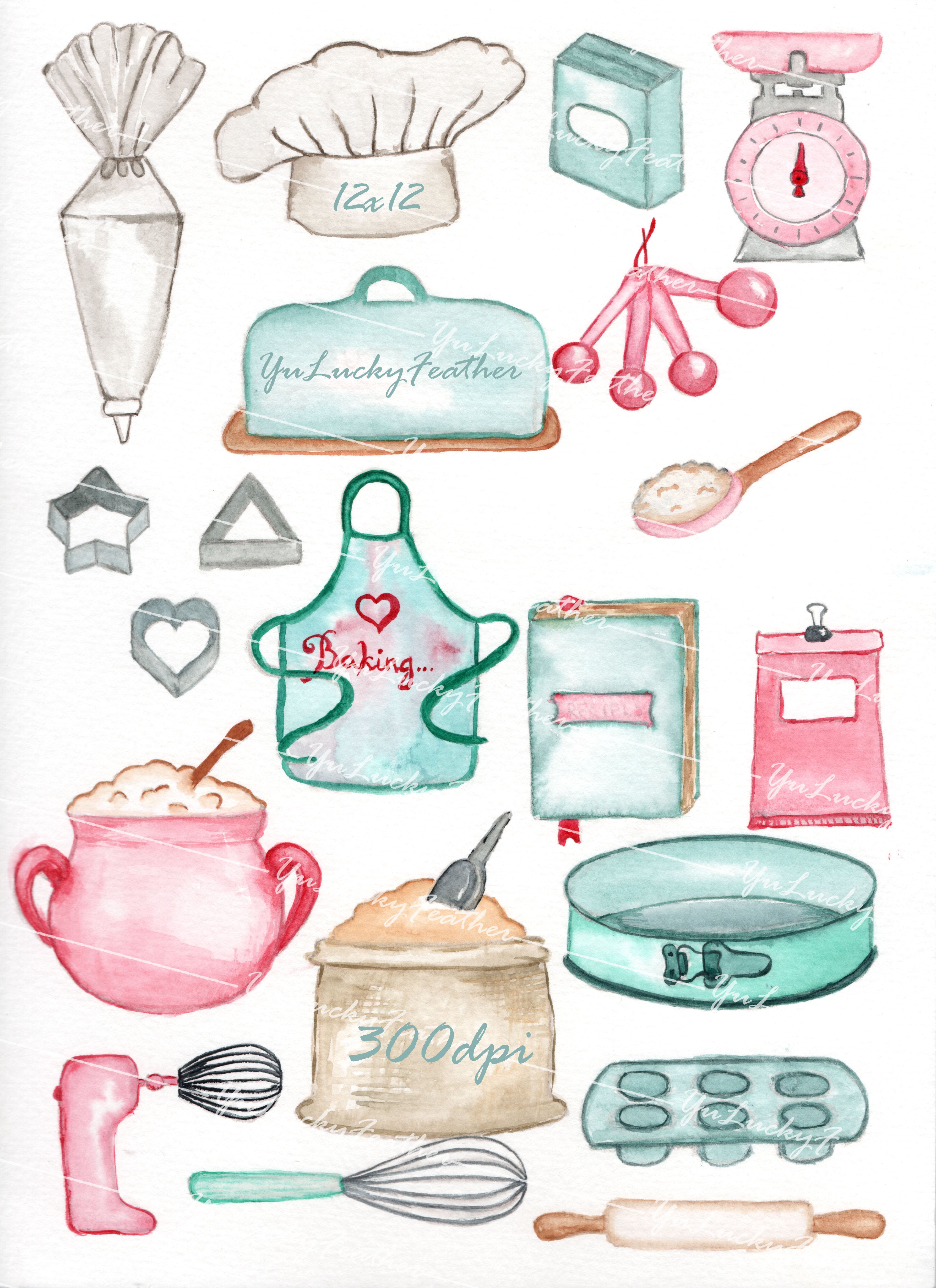 Baking utensils - watercolor hand drawn clipart - 19elements