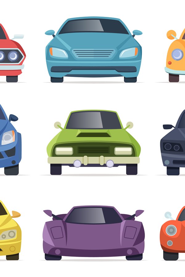 Cars front view. Taxi truck bus van vehicles transport carto