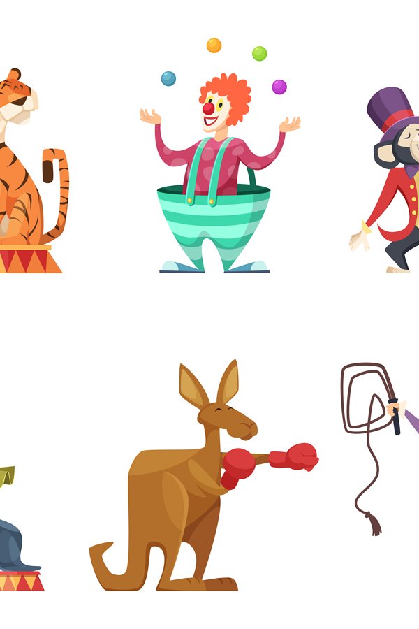 Circus cartoon characters. Vector mascots isolate on white