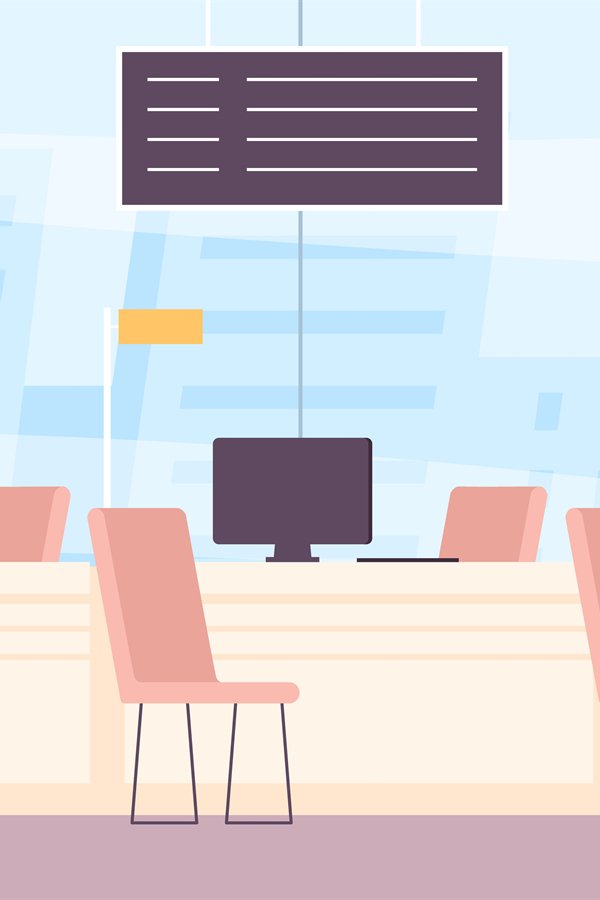 Bank interior. Reception area with counter and computer. Des