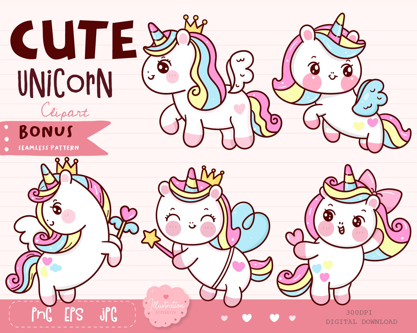 Unicorn princess clipart, unicorn baby kawaii style