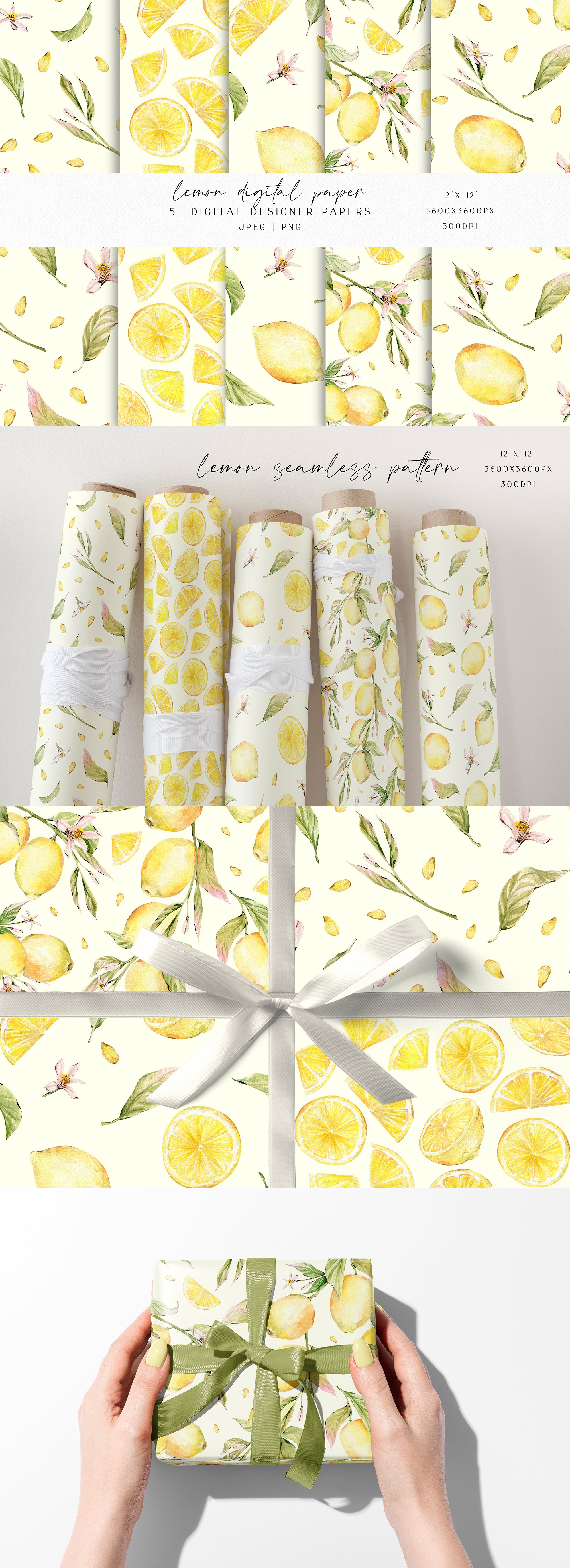 Watercolor Lemon Seamless Patterns -Citrus Digital Papers