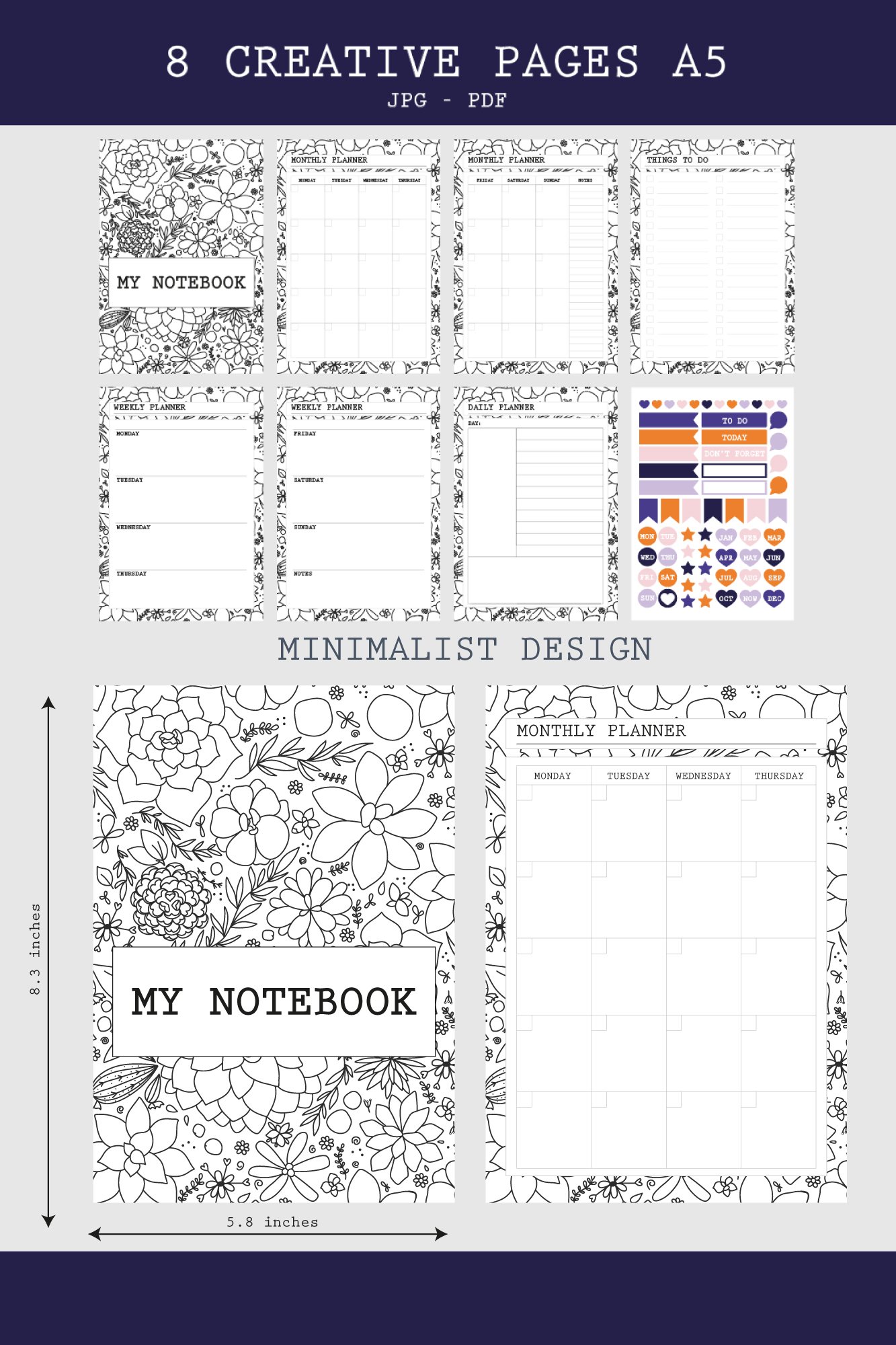 8 Notebook Planner pages A5, printable set, bullet (1232103)