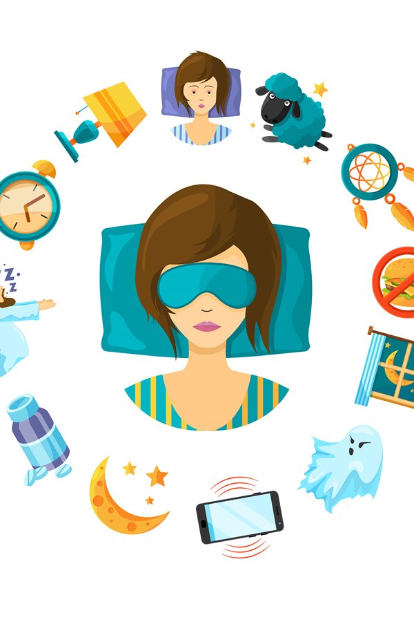 Vector concept illustration with cartoon sleep elements arou