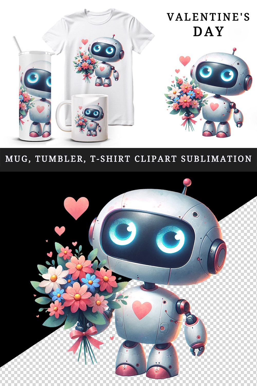 Valentine's Day robot tumbler mug wrap clipart sublimation
