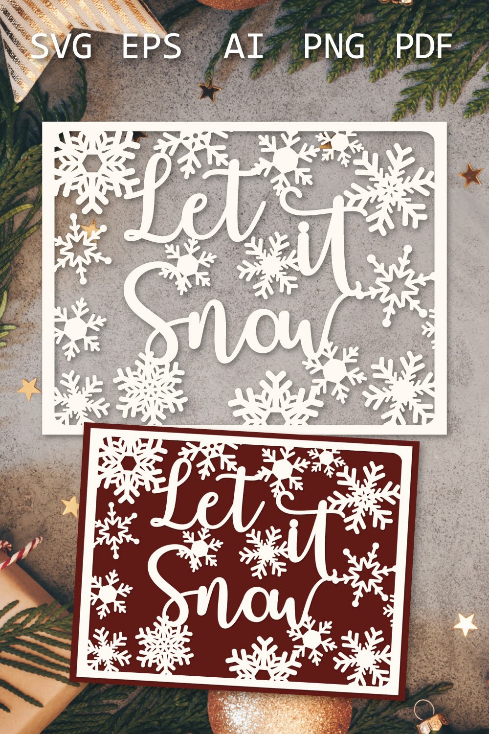 Christmas card paper cut template, Let it snow card SVG