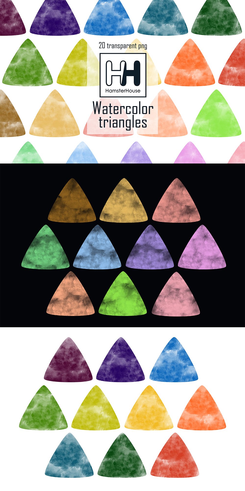 Watercolor rounded semi-transparent triangles, 20 png