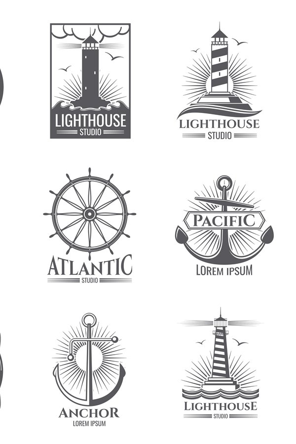 Vintage nautical labels with light house, sea boat (892872)