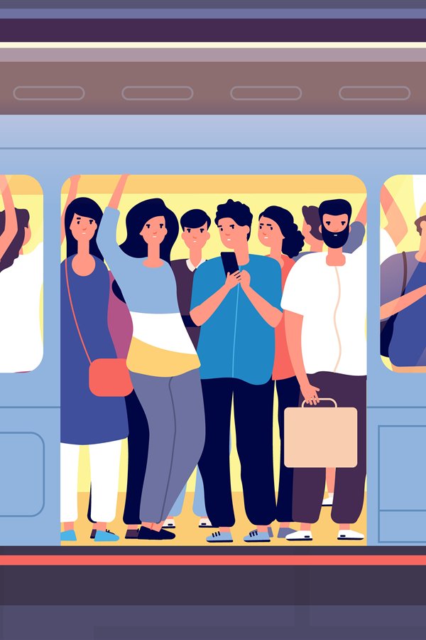 Crowd in subway train. People pushing each other in metro ca