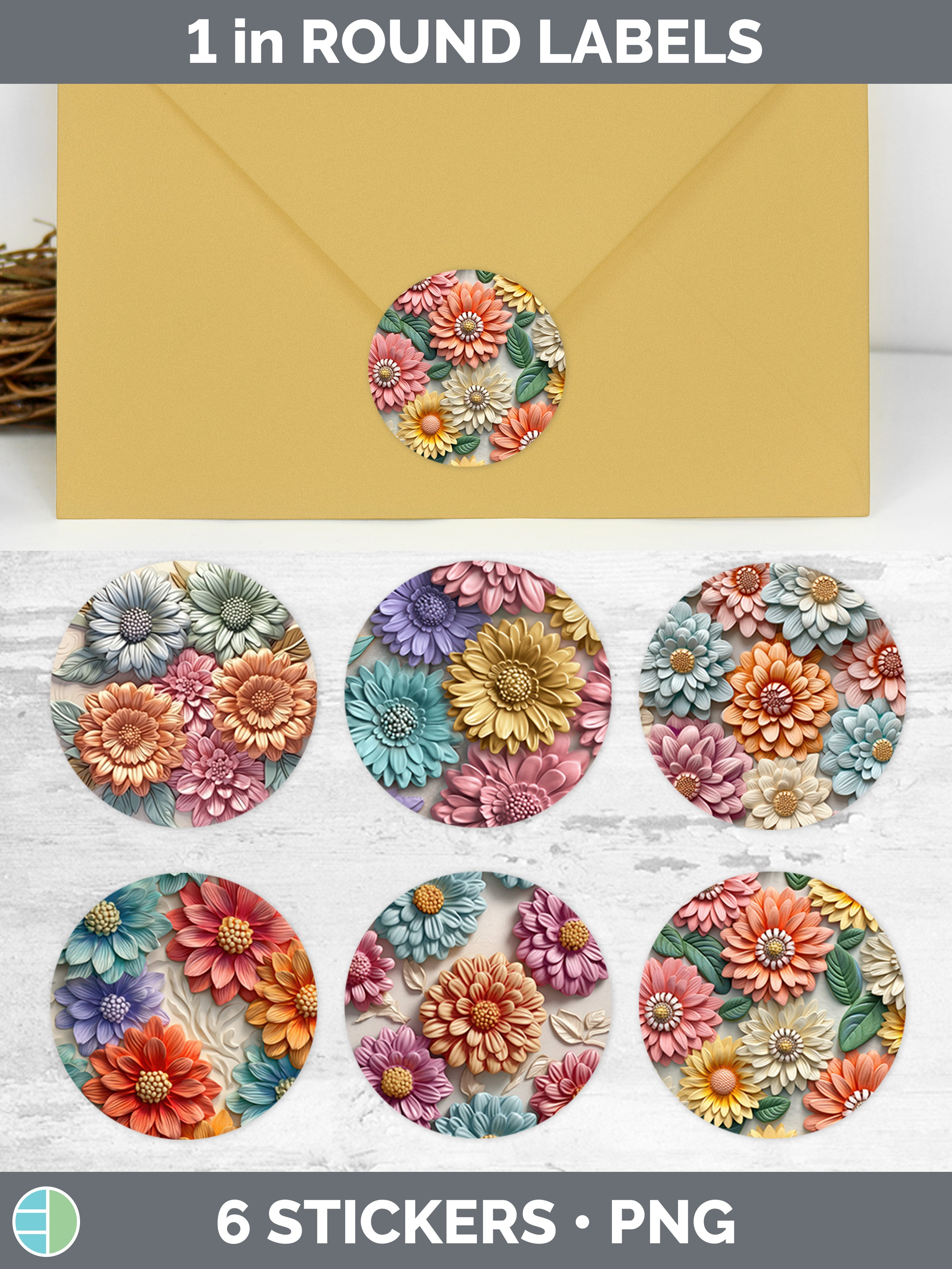 3D Zinnia Flowers Stickers | Round Labels Designs Bundle