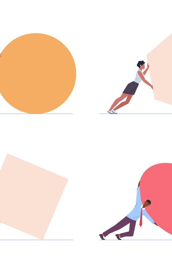 People pushing big shapes. Tiny men and women push different