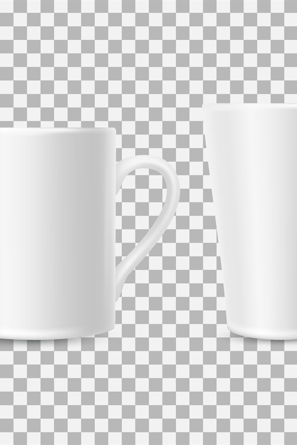 White cups. Realistic 3D cup mockups isolated on background.