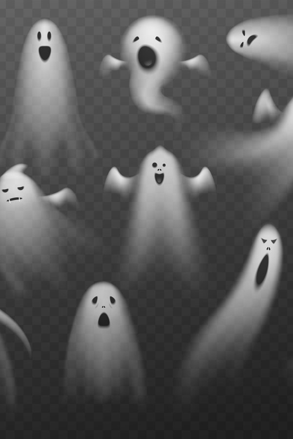 Realistic ghosts. Transparent different Halloween phantoms.